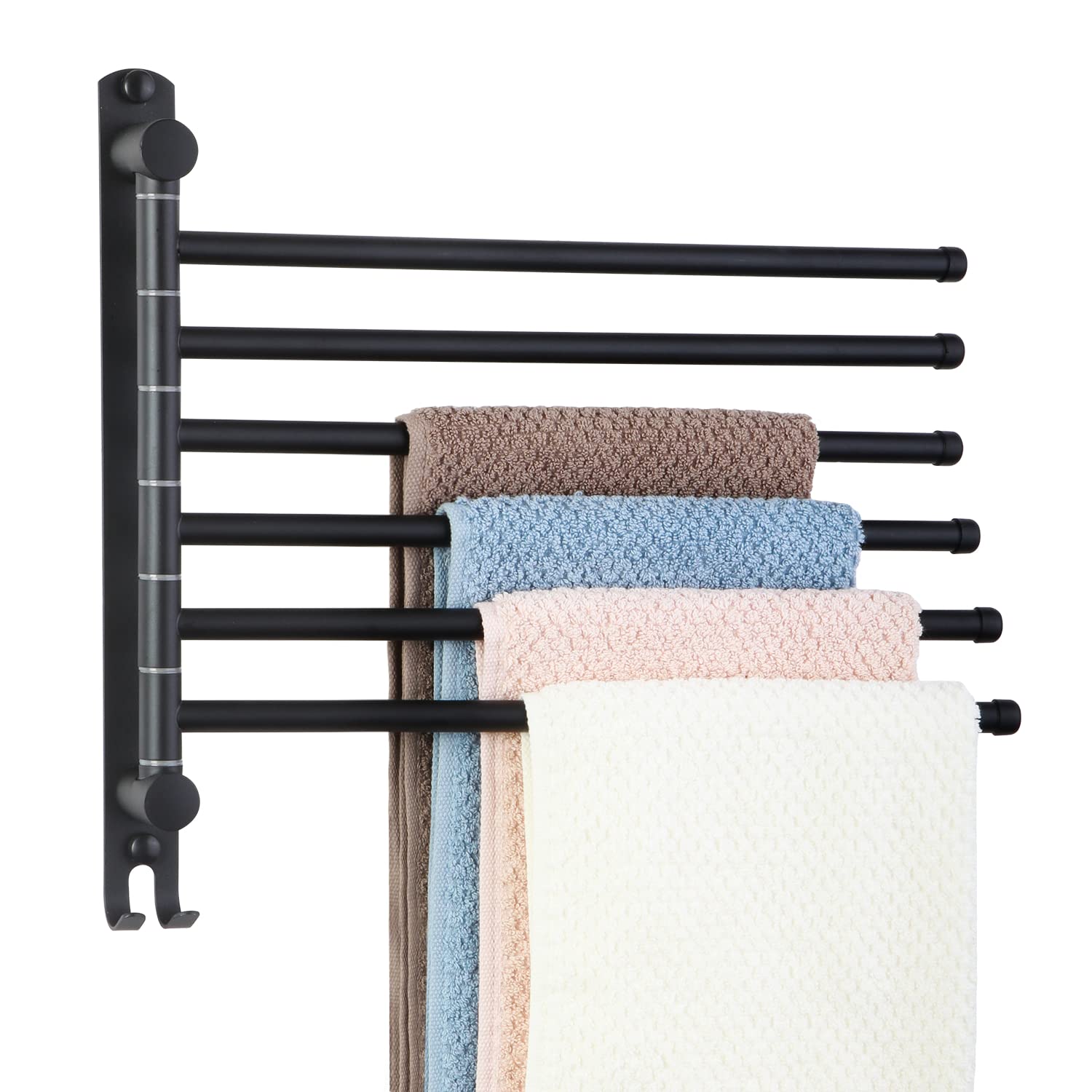 Space Saving Towel Rack JSVER Black Space Saving Towel Holder, Towel Rack Wall Mounted, Swivel Hand Towel Holder, 6-Arms Towel Bar, Towel Racks for Bathroom