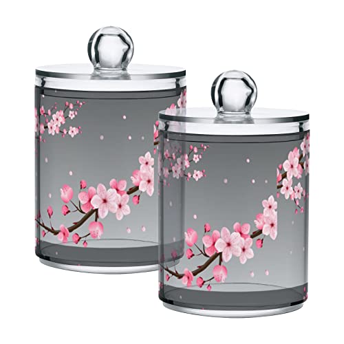 ALAZA Japanese Oriental Cherry Blossom Qtip Holder Organizer Dispenser for Cotton Ball, Cotton Swab, Cotton Round Pads, Floss,Bathroom Canisters Storage Organizer, Vanity Makeup Organizer,2Pack
