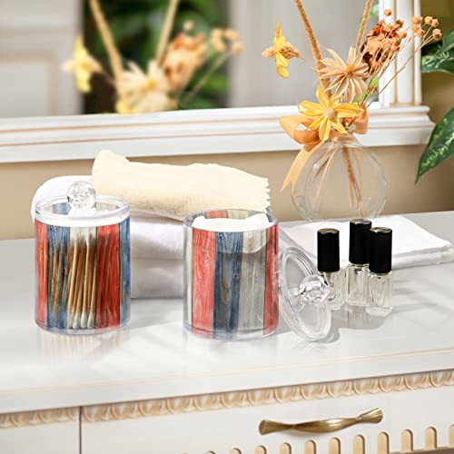 Qtip Holder Dispenser Patriotic Wooden Boards Plastic Apothecary Jar Containers for Vanity Makeup Organizer Storage Bathroom Organizer