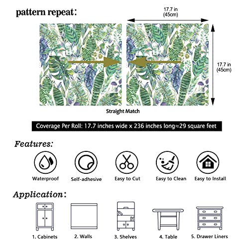 CHIHUT Green Leaf Wallpaper Peel and Stick Tropical Palm Leaf Wallpaper Self Adhesive Removable Greenery Wallpaper Botanical Contact Paper for Cabinets Walls Shelf Liner 17.7”x236” Vinyl Film