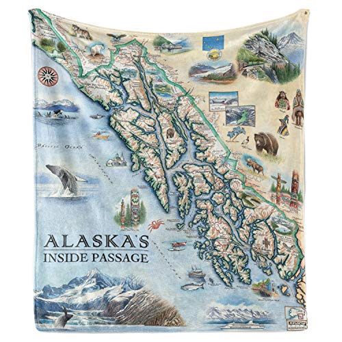 Alaska Inside Passage Map Fleece Blanket - - Hand-Drawn Original Art - Soft, Cozy, and Warm Throw Blanket for Couch - Unique Gift - 58"x 50"