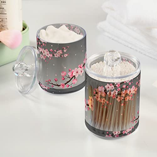 ALAZA Japanese Oriental Cherry Blossom Qtip Holder Organizer Dispenser for Cotton Ball, Cotton Swab, Cotton Round Pads, Floss,Bathroom Canisters Storage Organizer, Vanity Makeup Organizer,2Pack
