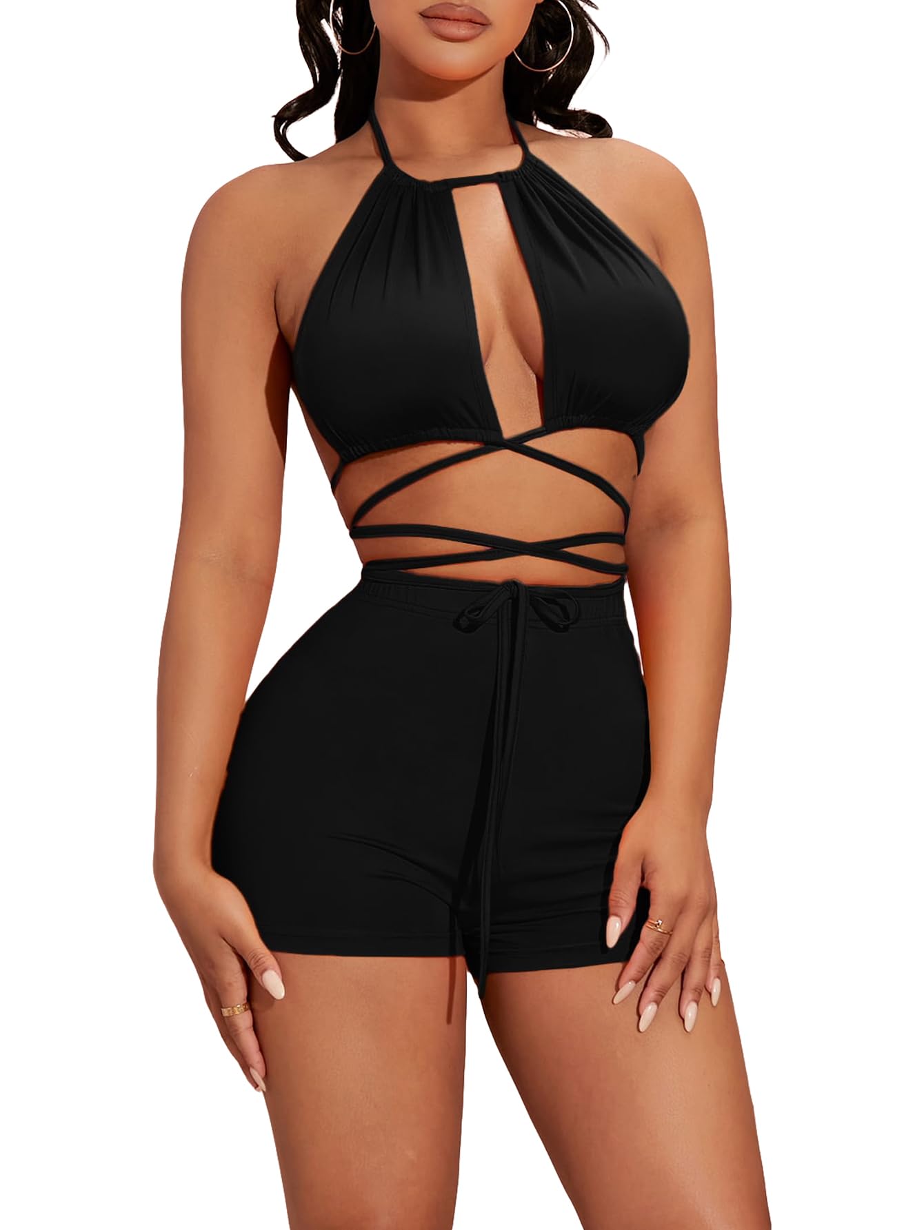 SOLY HUX Women's Sexy 2 Piece Outfits Criss Cross Halter Tie Back Crop Top and Biker Shorts Set Black XS