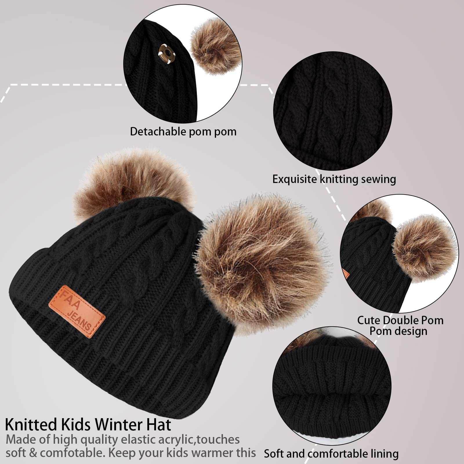 Kids Winter Beanie Hat Scarf Gloves Set, Toddlers Knit Winter Warm Double Pompom Cap Scarf Gloves for 1-5 Years Old (Black)