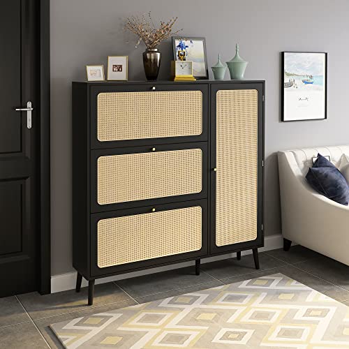 FOKWE Natural Rattan Shoe Cabinet, Shoe Cabinet with 3 Flip Drawers and Storage Shelves, Modern 3-Tier Shoe Rack Storage Cabinet for Entryway, Hallway, Bedroom(Black)