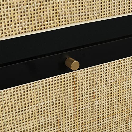 FOKWE Natural Rattan Shoe Cabinet, Shoe Cabinet with 3 Flip Drawers and Storage Shelves, Modern 3-Tier Shoe Rack Storage Cabinet for Entryway, Hallway, Bedroom(Black)