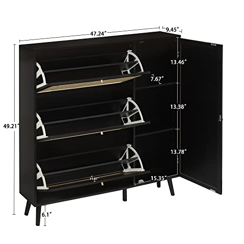 FOKWE Natural Rattan Shoe Cabinet, Shoe Cabinet with 3 Flip Drawers and Storage Shelves, Modern 3-Tier Shoe Rack Storage Cabinet for Entryway, Hallway, Bedroom(Black)