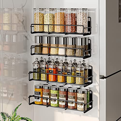 Trouwids Magnetic Spice Rack for Refrigerator, 4 Pack Magnetic Shelf Spice Rack Organizer, Metal Magnetic Fridge Shelf with 8 Hooks for Kitchen Fridge Magnet Organizer for Spice Storage (4 Pack, Black)