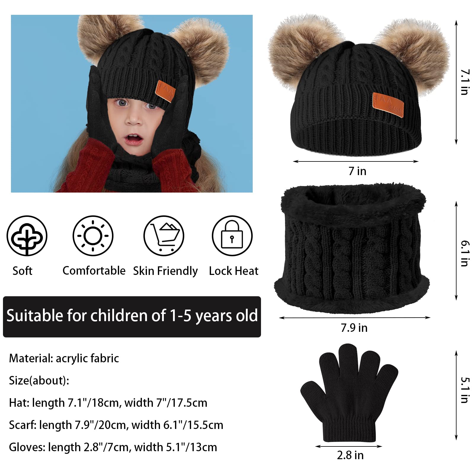 Kids Winter Beanie Hat Scarf Gloves Set, Toddlers Knit Winter Warm Double Pompom Cap Scarf Gloves for 1-5 Years Old (Black)
