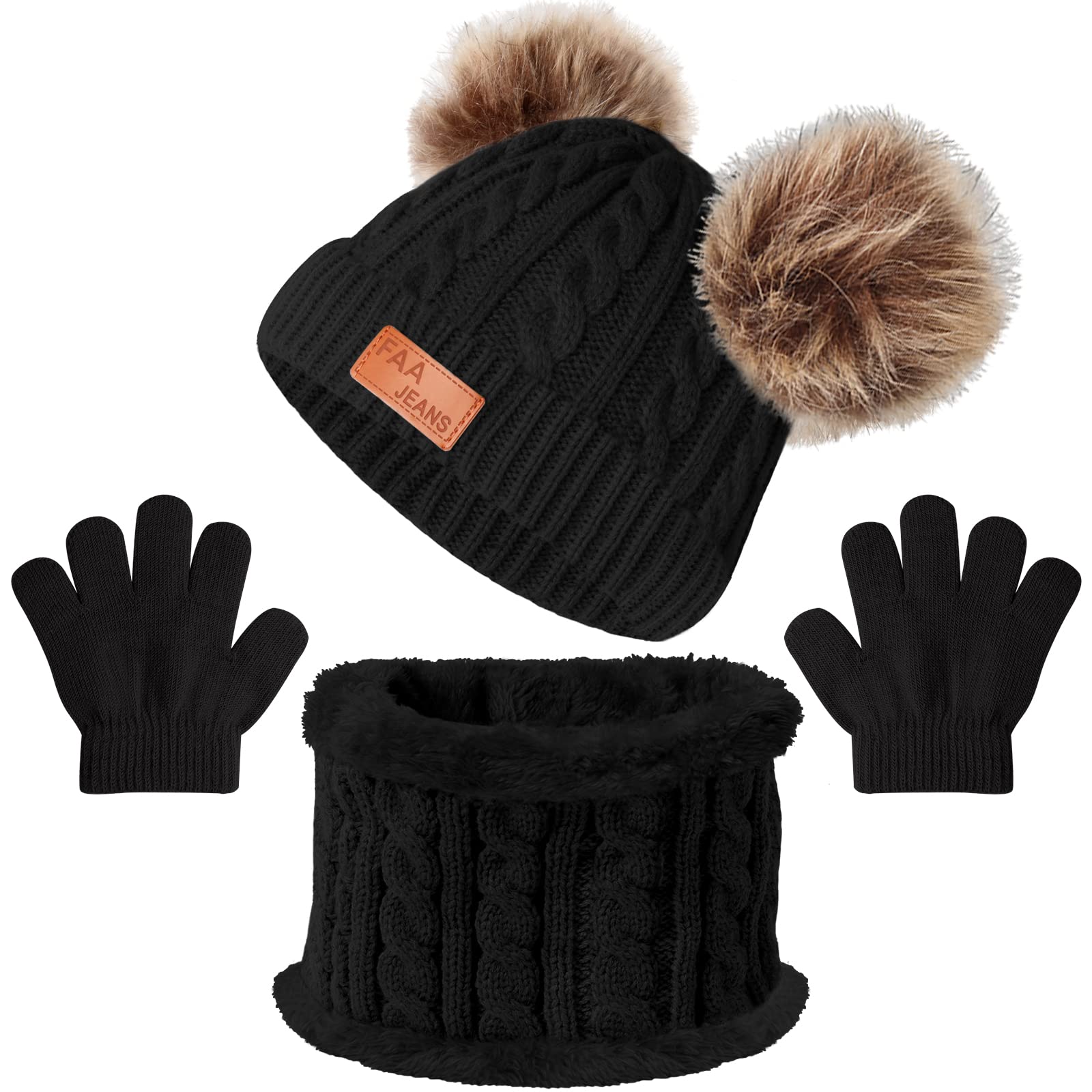 Kids Winter Beanie Hat Scarf Gloves Set, Toddlers Knit Winter Warm Double Pompom Cap Scarf Gloves for 1-5 Years Old (Black)