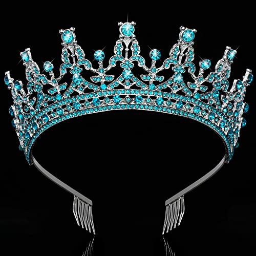Makone Silver Lake Blue Tiara for Girls, Crown with Comb for Women Birthday Bridal Wedding Prom Halloween Costume Christmas Party