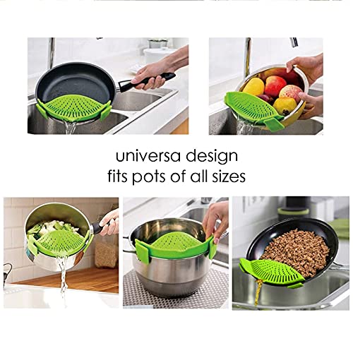 2 Pcs Clip on Strainer, Pot Strainer for Pasta Meat Vegetables Fruit, Silicone Strainer - Fit All Pots and Bowls.