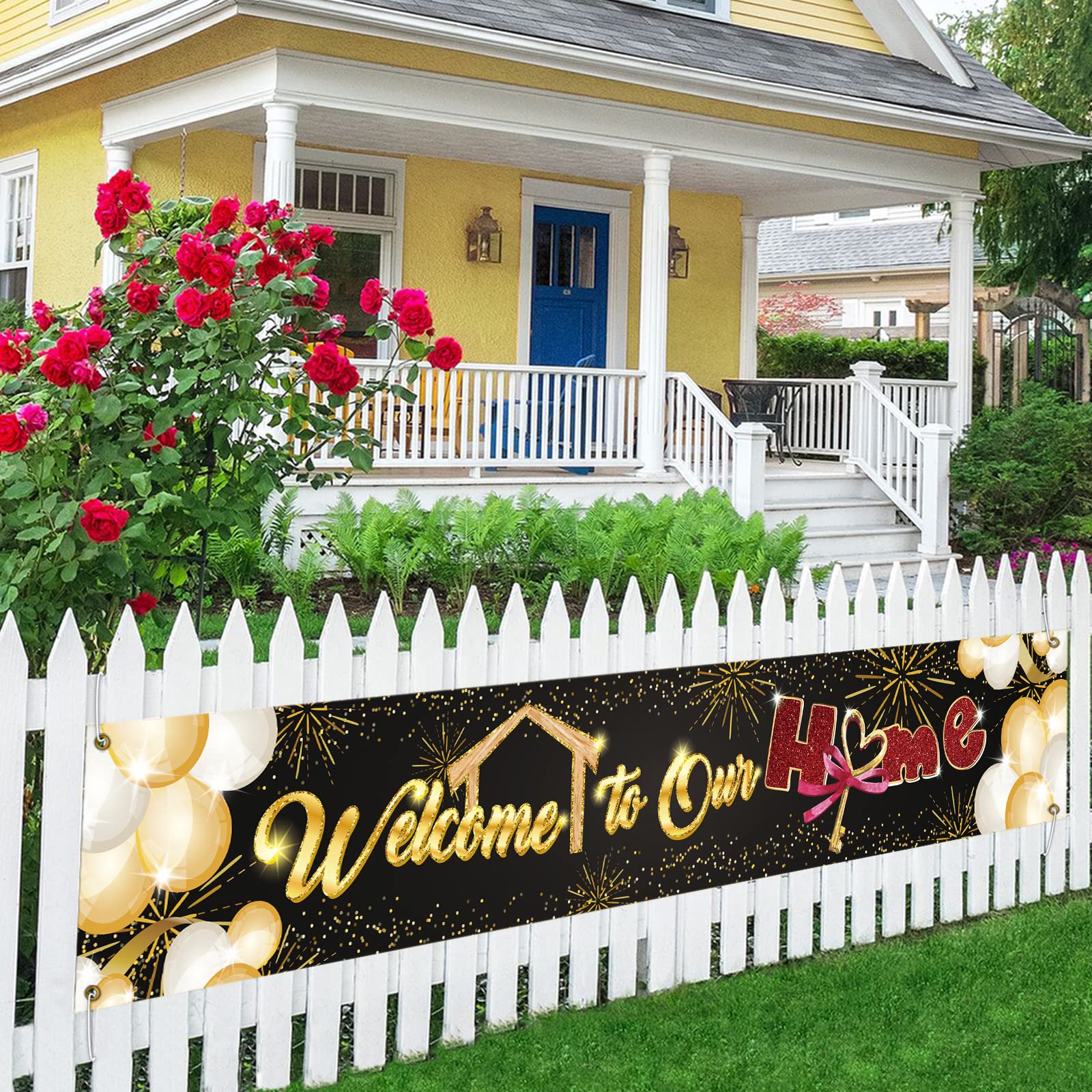 Meltelot Welcome to Our Home Large Banner, New Home Lawn Decor, Rustic Welcome Home Porch Sign, Housewarming Gift, Indoor Outdoor Backdrop 8.9 x 1.6 Feet