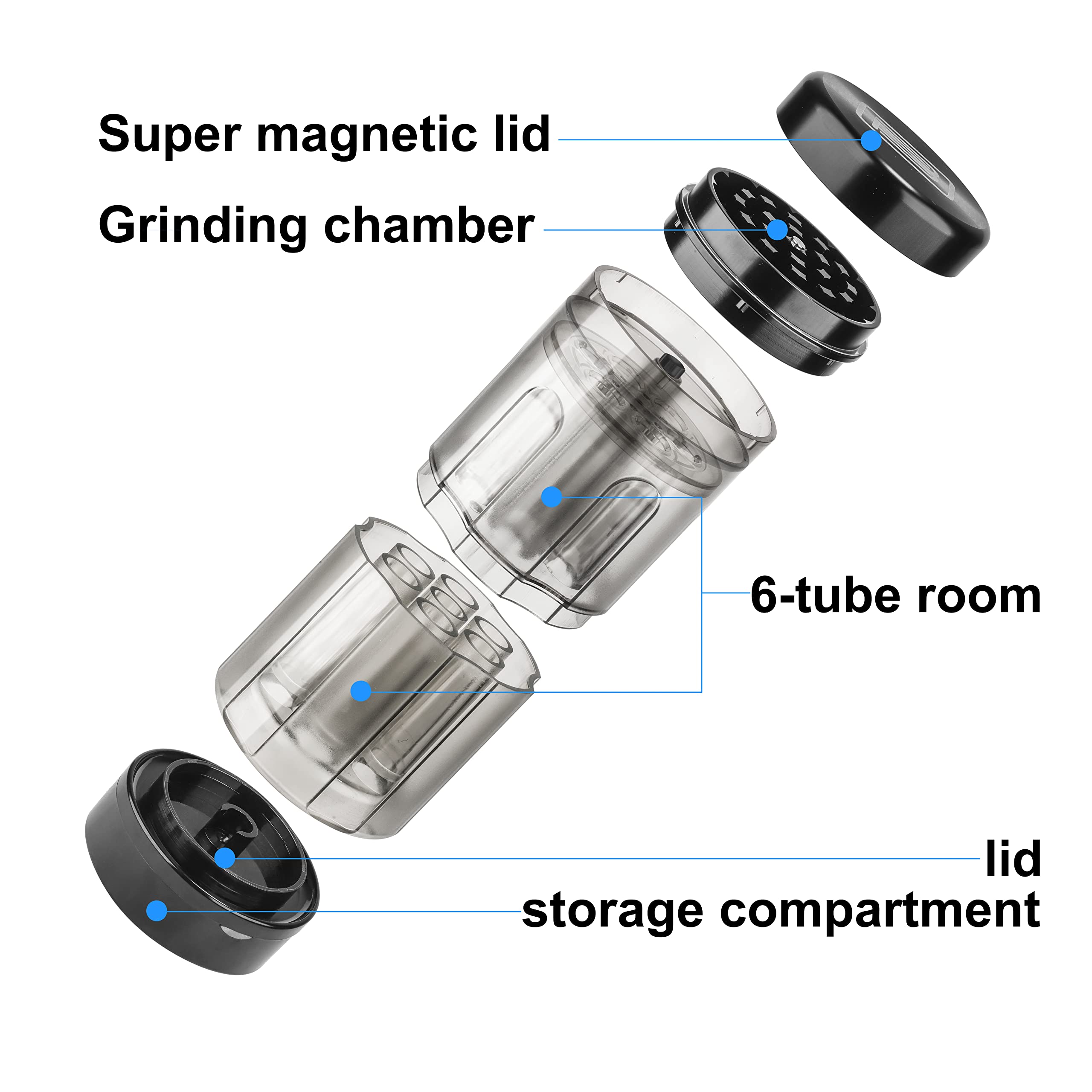 Free Boy 2.8’‘Large Aluminium Herb Grinder Transparent Cone Loader & Stasher 3 in 1,One or Six Cone Filling at time Convenient, Durable Grinders, Grind and Stash Spice(Broom& Brush) Black
