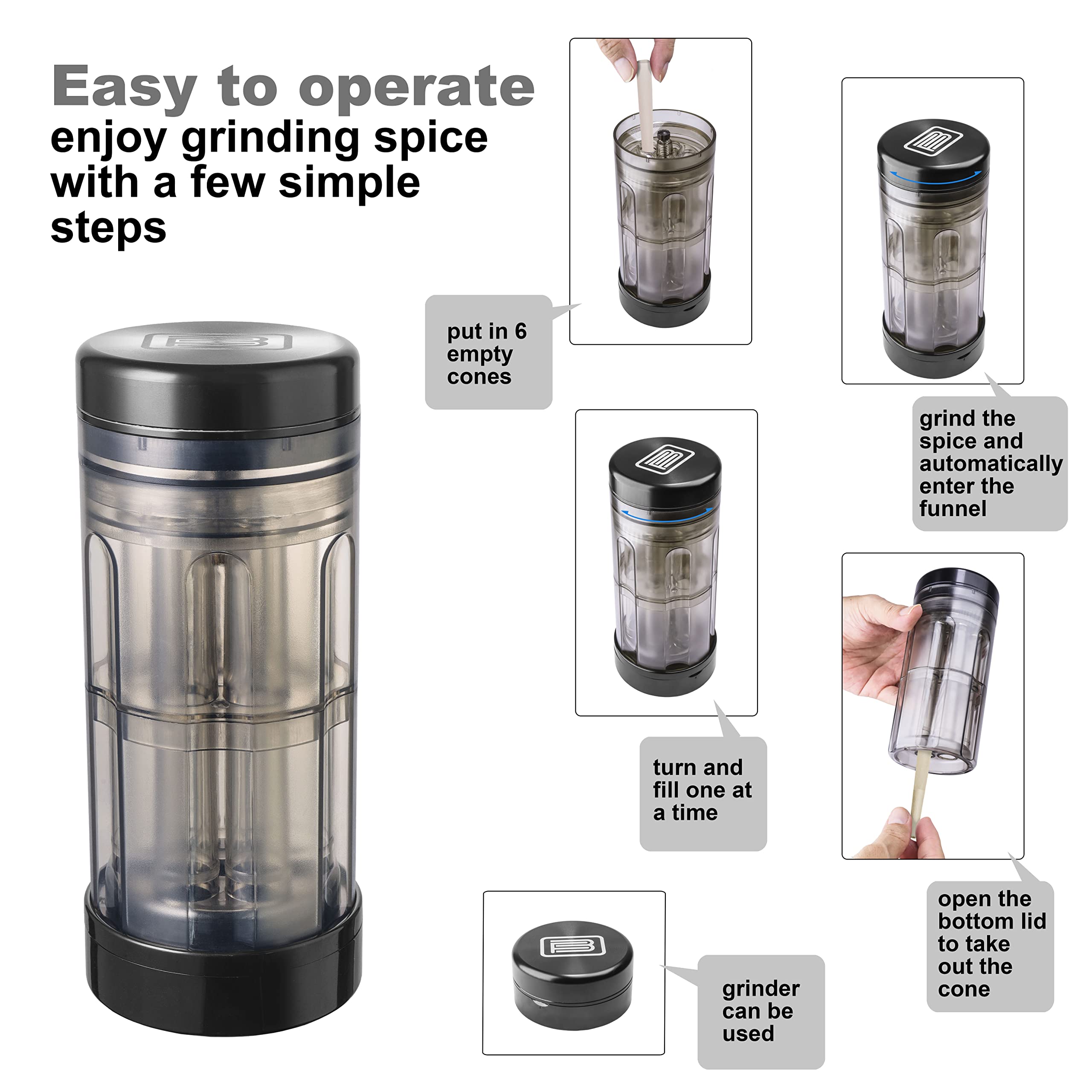 Free Boy 2.8’‘Large Aluminium Herb Grinder Transparent Cone Loader & Stasher 3 in 1,One or Six Cone Filling at time Convenient, Durable Grinders, Grind and Stash Spice(Broom& Brush) Black