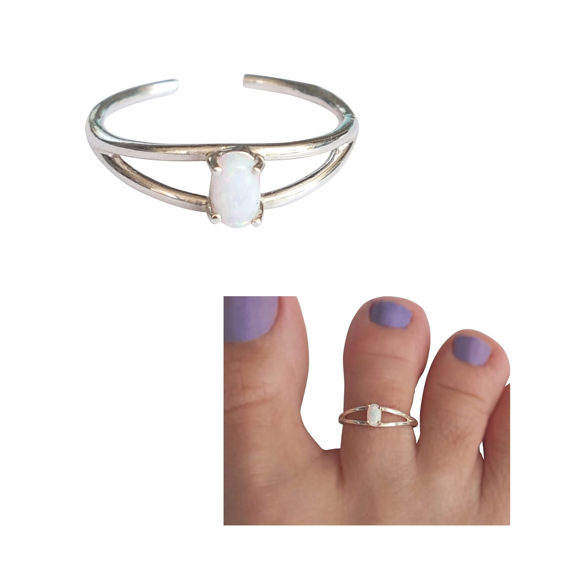 Handmade Silver & Oval 5x3mm White Opal Gemstone Adjustable Toe Ring, 925 Sterling Silver, Double Band Classic Stone Toe, Pinky or Knuckle Rings for Women, By MiYa Jewelry Creations