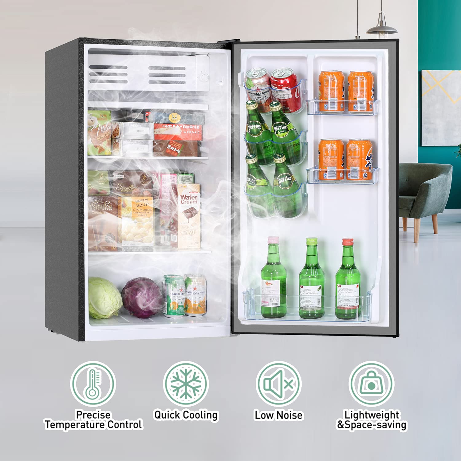 Mini Fridge with Freezer, 3.1 Cu.Ft Single Door Mini Refrigerator with One-touch Easy Defrost, Compact Small Refrigerator for Dorm, Bedroom, Office, Energy Saving, Black