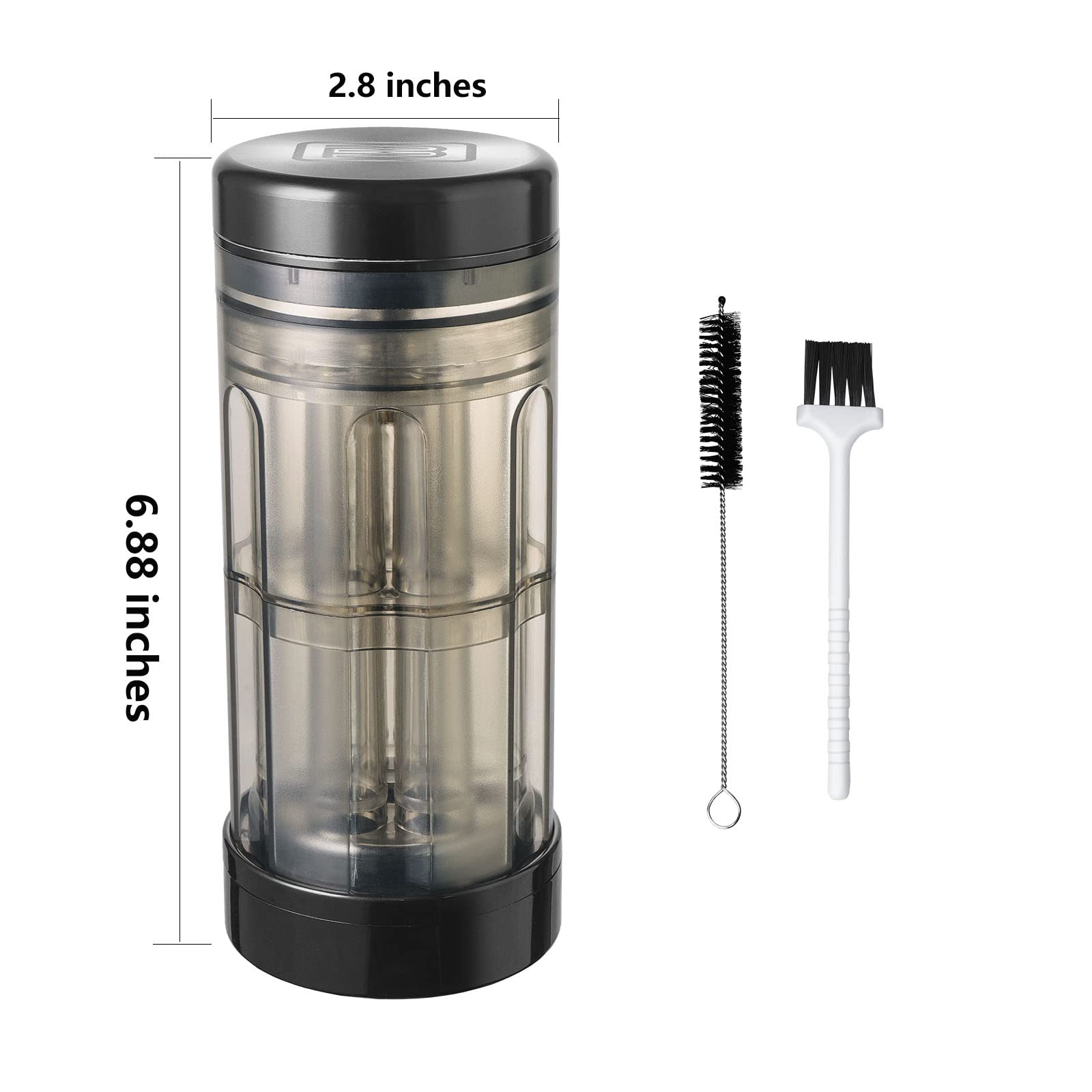 Free Boy 2.8’‘Large Aluminium Herb Grinder Transparent Cone Loader & Stasher 3 in 1,One or Six Cone Filling at time Convenient, Durable Grinders, Grind and Stash Spice(Broom& Brush) Black