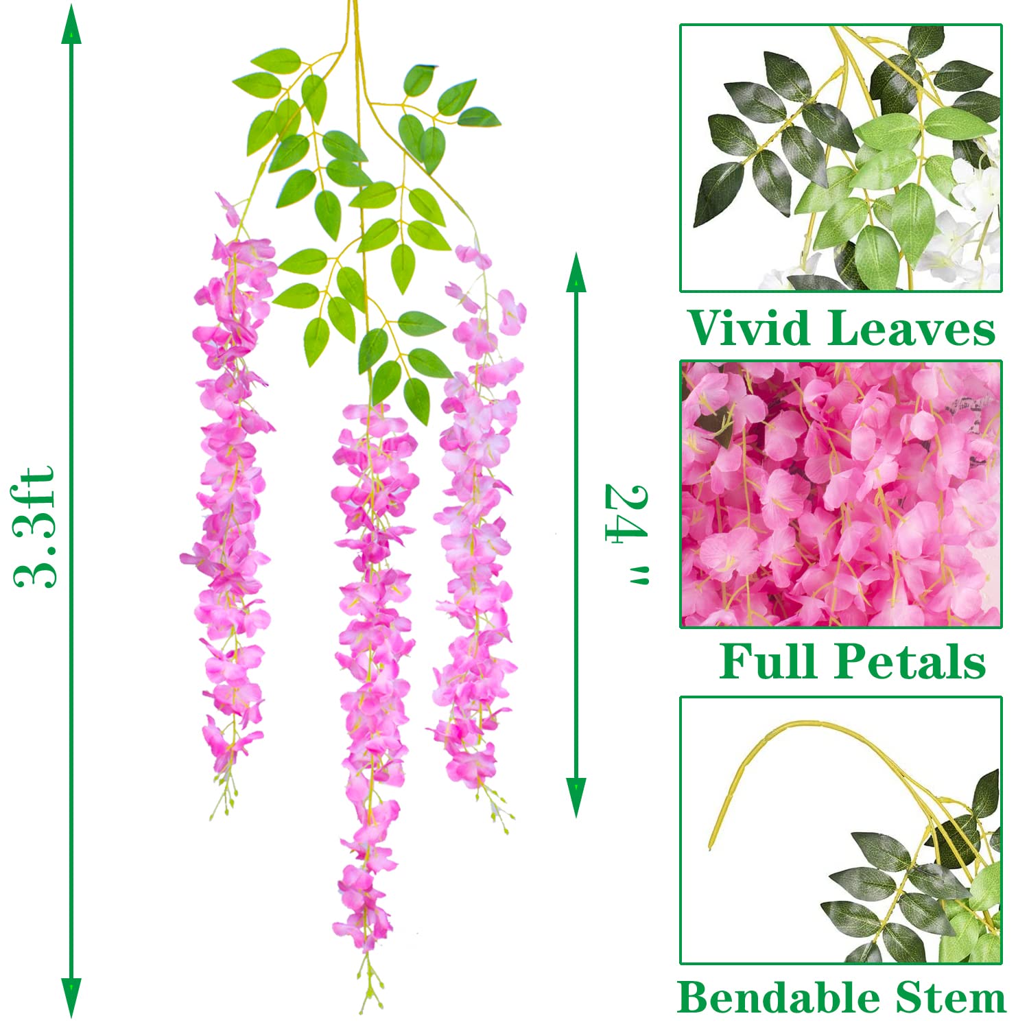 AITISOR 24 Pack Artificial Fake Wisteria Vine Ratta (3.75 Feet) Hanging Garland Silk Flowers String Home Party Wedding Decor(Pink)
