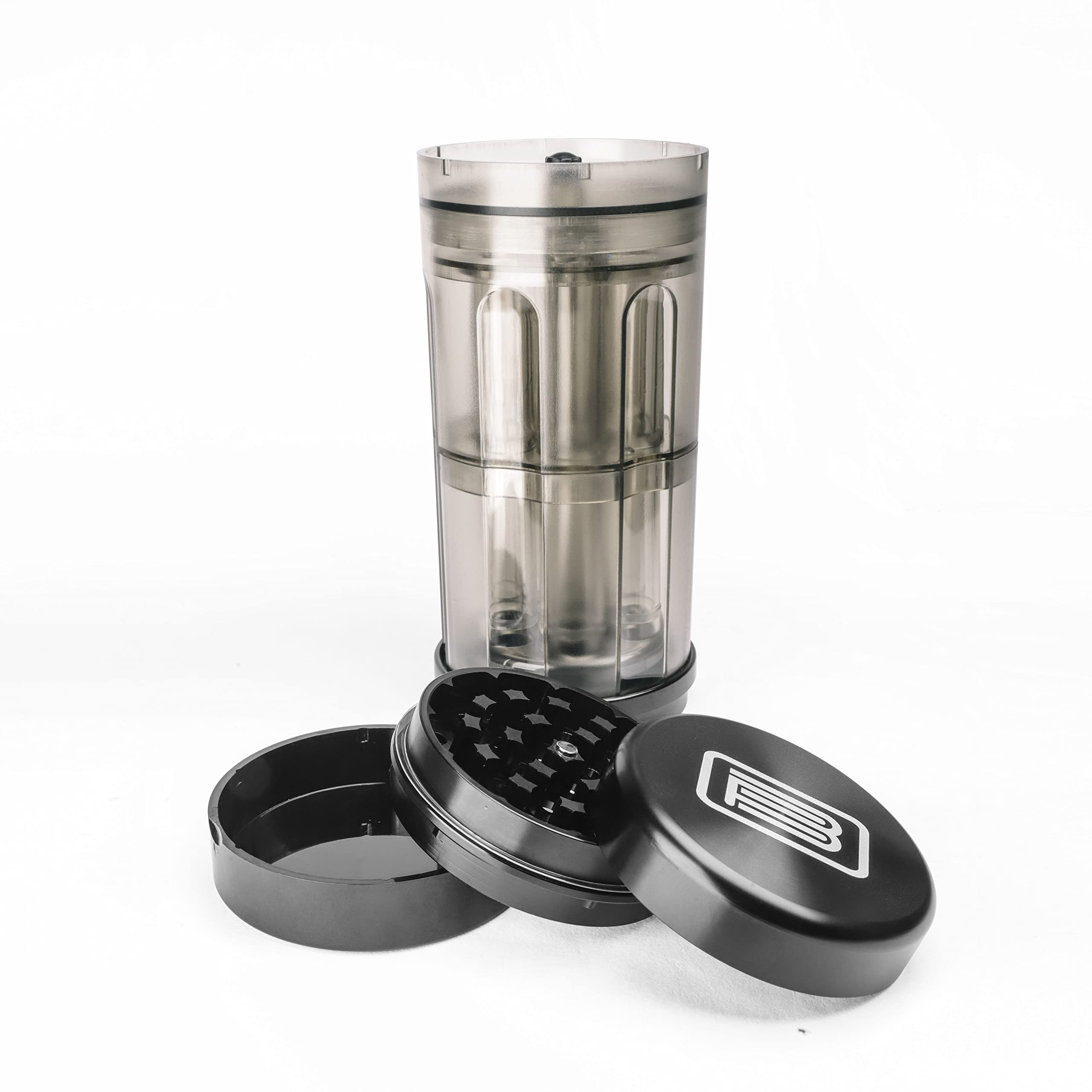 Free Boy 2.8’‘Large Aluminium Herb Grinder Transparent Cone Loader & Stasher 3 in 1,One or Six Cone Filling at time Convenient, Durable Grinders, Grind and Stash Spice(Broom& Brush) Black
