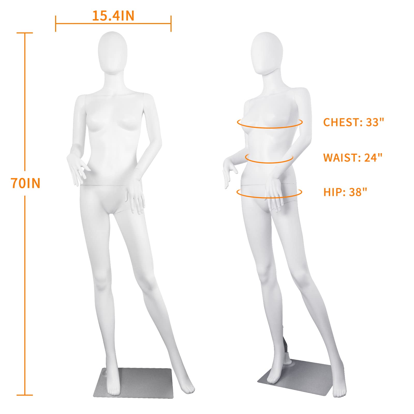 SHAREWIN Female Mannequin Dress Form Mannequin Body Faceless 70 Inches Adjustable Mannequin Dress Model Full Body Plastic Detachable Mannequin Stand Display Mannequin Head Metal Base (White)
