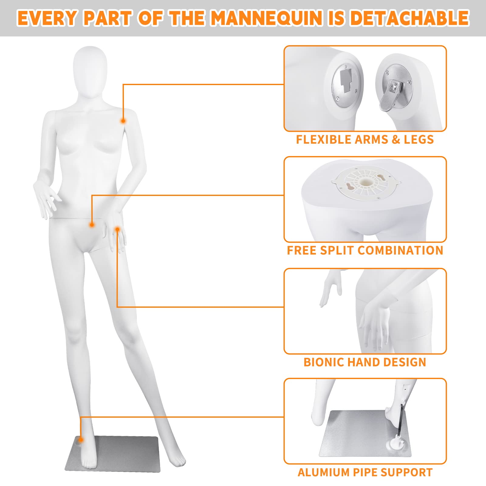 SHAREWIN Female Mannequin Dress Form Mannequin Body Faceless 70 Inches Adjustable Mannequin Dress Model Full Body Plastic Detachable Mannequin Stand Display Mannequin Head Metal Base (White)
