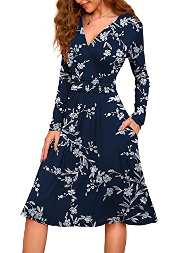 WEACZZY Womens Dresses Long Sleeve Casual Holiday Dress V-Neck Party Dress with Pockets, Floral Navy, Medium