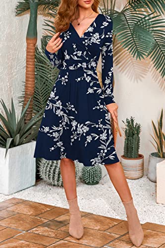 WEACZZY Womens Dresses Long Sleeve Casual Holiday Dress V-Neck Party Dress with Pockets, Floral Navy, Medium