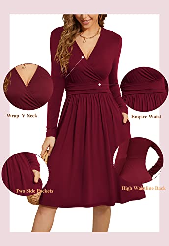 WEACZZY Womens Dresses Long Sleeve Casual Holiday Dress V-Neck Party Dress with Pockets, Floral Navy, Medium