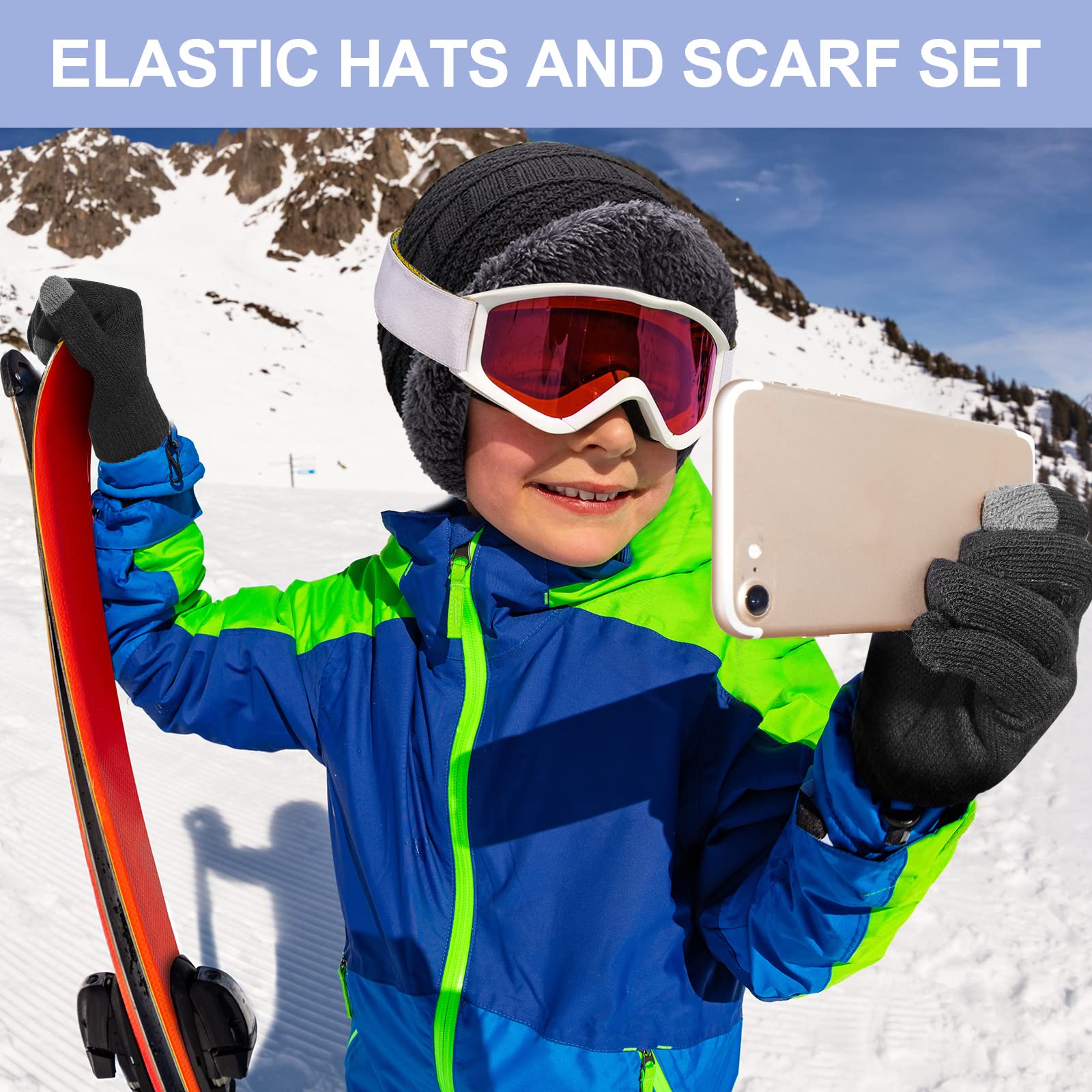 JaGely 9 Pcs Kids Knit Winter Hat Glove Scarf Set Toddler Beanie Cap Warm Neck Warmer Scarf Touchscreen Glove for 5-14 Years(Black, Navy, Gray)