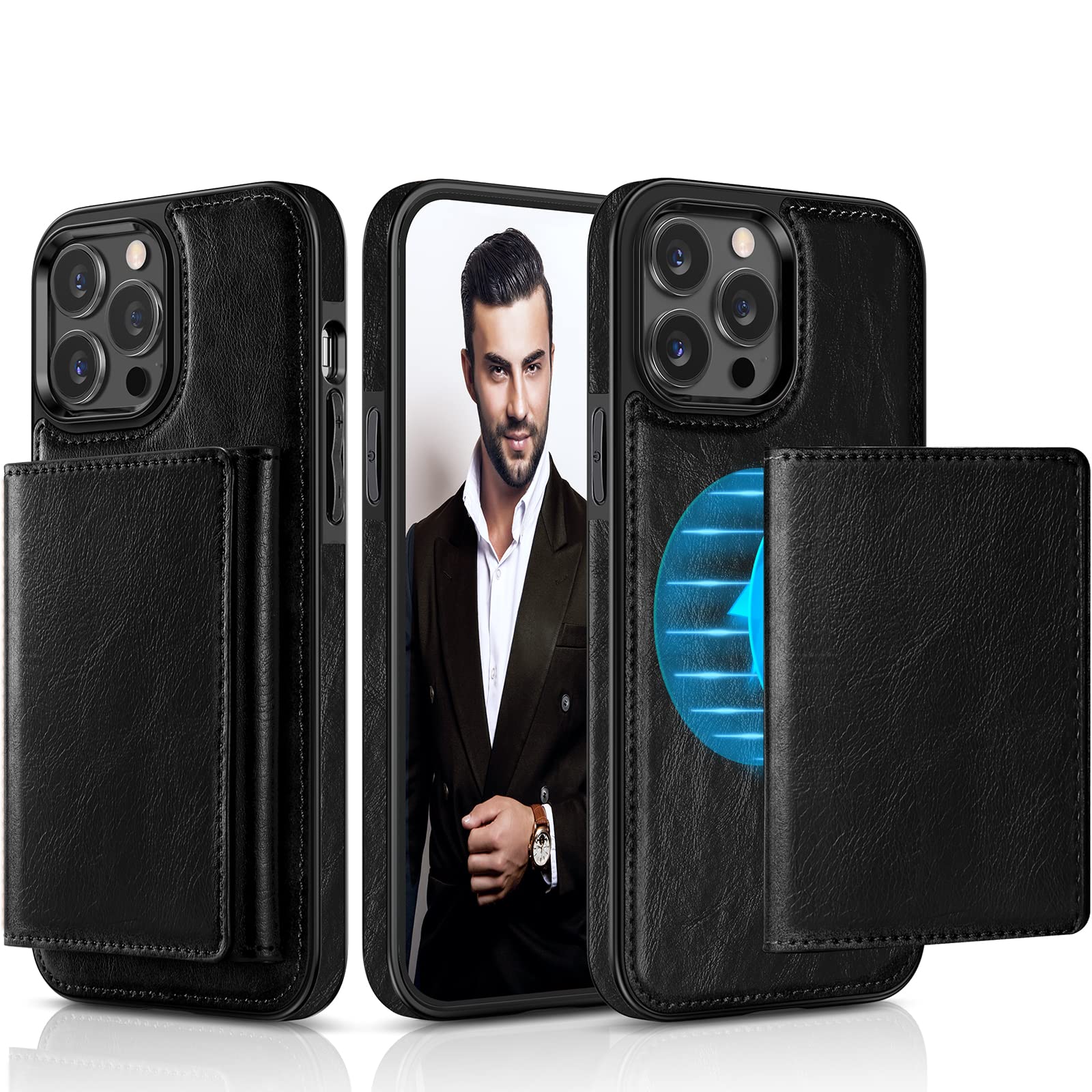 LOHASIC for iPhone 14 Pro Max Wallet Case, Premium Leather Cover Compatible with MagSafe Charger Magnetic Detachable Wallet 5 Card Holder Kickstand Protective Phone Case for Men 6.7 inch - Black