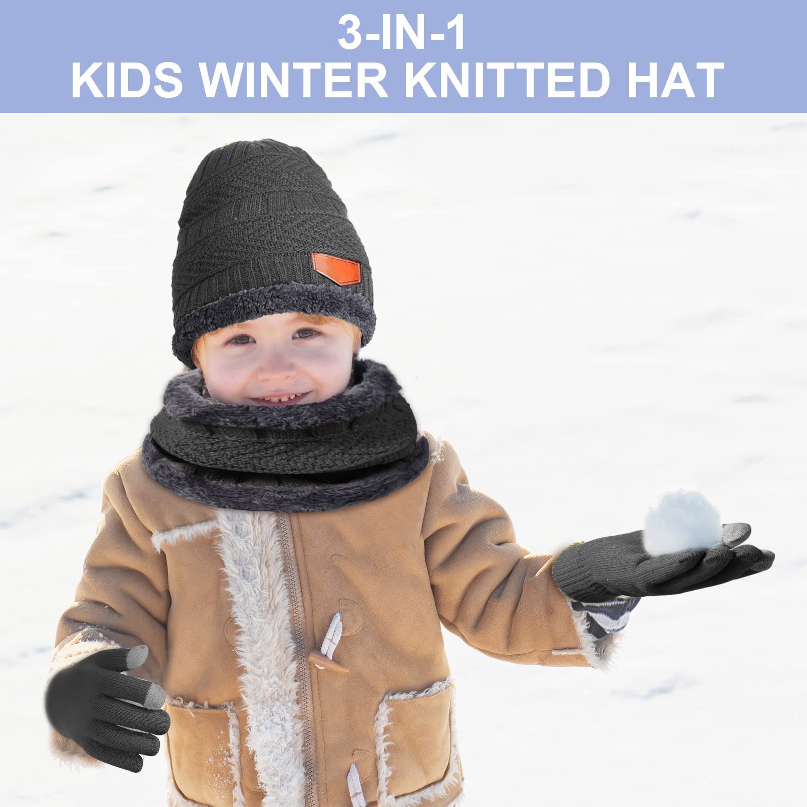 JaGely 9 Pcs Kids Knit Winter Hat Glove Scarf Set Toddler Beanie Cap Warm Neck Warmer Scarf Touchscreen Glove for 5-14 Years(Black, Navy, Gray)