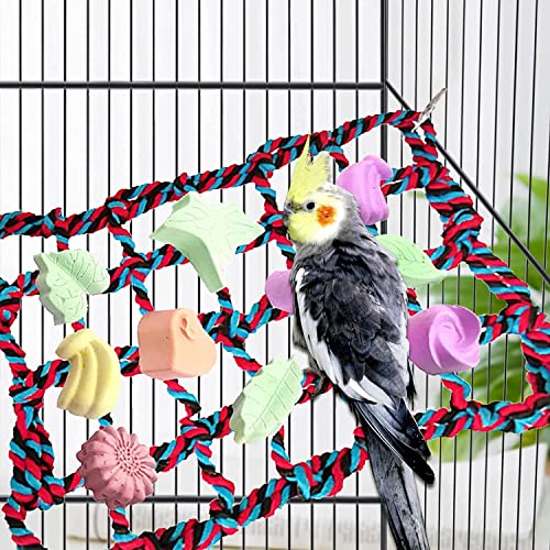 Bird Hemp Rope Net Swing Toy Parrot Perch Climbing Ladder Hanging Hammock with 10 Random Lava Block Stone Small Animal Cage Accessories for Cockatiel Budgie Lovebirds Canaries