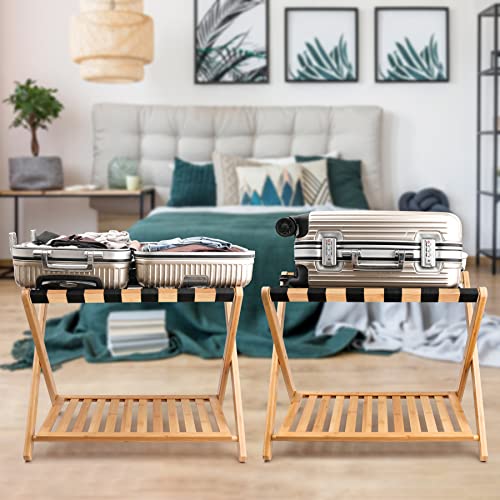 Purbambo Luggage Rack for Guest Room, Suitcase Stand with Storage Shelf, Bamboo Frame, 6 Nylon Straps, Foldable for Easy Storage