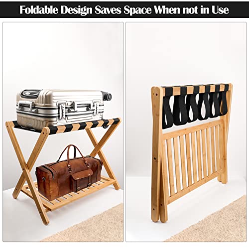 Purbambo Luggage Rack for Guest Room, Suitcase Stand with Storage Shelf, Bamboo Frame, 6 Nylon Straps, Foldable for Easy Storage
