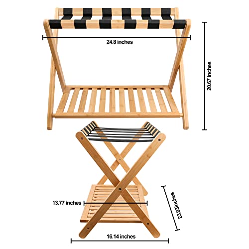 Purbambo Luggage Rack for Guest Room, Suitcase Stand with Storage Shelf, Bamboo Frame, 6 Nylon Straps, Foldable for Easy Storage
