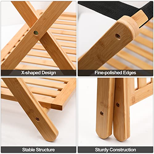 Purbambo Luggage Rack for Guest Room, Suitcase Stand with Storage Shelf, Bamboo Frame, 6 Nylon Straps, Foldable for Easy Storage