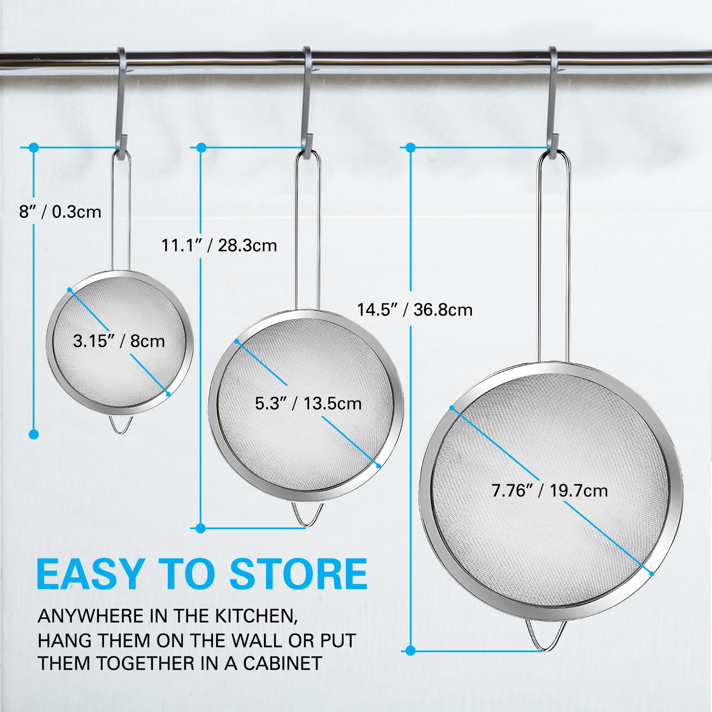Hamilton Beach Fine Mesh Strainer - Stainless Steel Fine Mesh Sieve - Set of 3 Strainers for Baking, Pasta, Rice, Flour & Vegetable, Tea Sifter, Food Strainer with Long Handle - Perfect Kitchen Tool