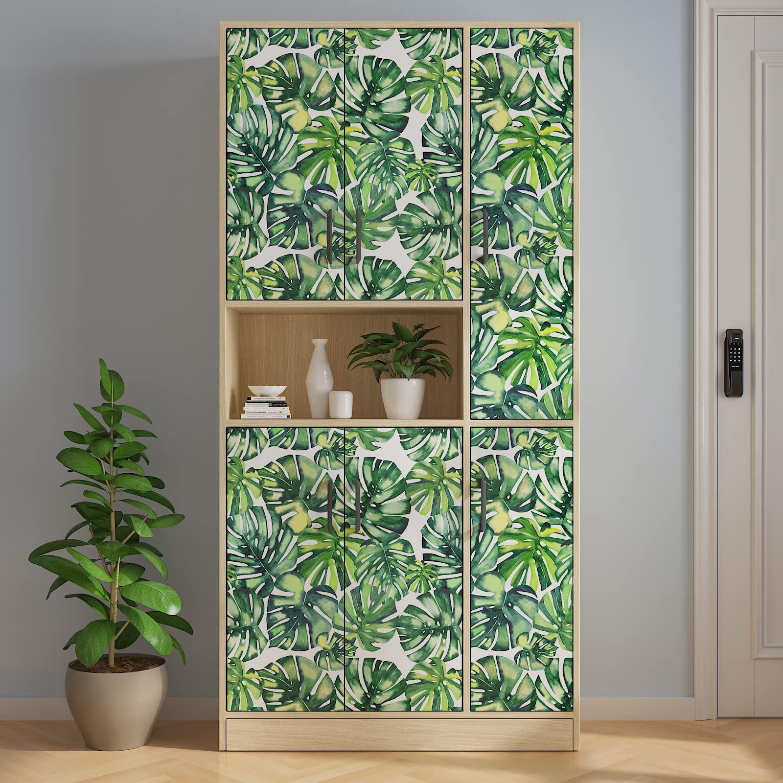 CHIHUT Green Leaf Peel and Stick Wallpaper 17.7''x236'' Green Tropical Botanical Palm Leaf Wallpaper Mural Self Adhesive Removable Wall Paper Vinyl Leaves Contact Paper for Wall Cabinets Nursery Decor