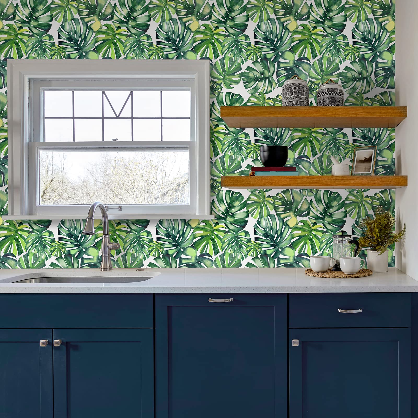 CHIHUT Green Leaf Peel and Stick Wallpaper 17.7''x236'' Green Tropical Botanical Palm Leaf Wallpaper Mural Self Adhesive Removable Wall Paper Vinyl Leaves Contact Paper for Wall Cabinets Nursery Decor