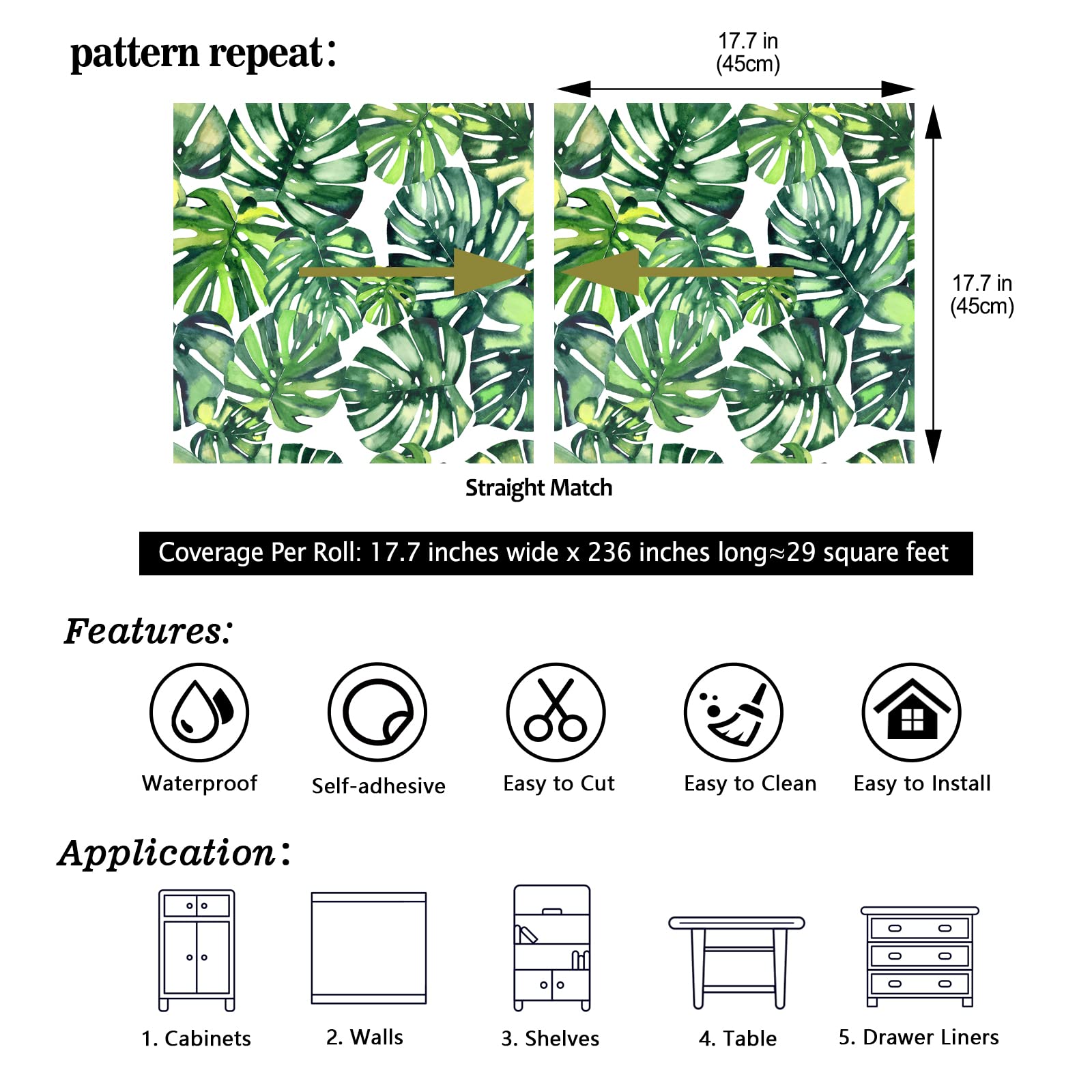 CHIHUT Green Leaf Peel and Stick Wallpaper 17.7''x236'' Green Tropical Botanical Palm Leaf Wallpaper Mural Self Adhesive Removable Wall Paper Vinyl Leaves Contact Paper for Wall Cabinets Nursery Decor