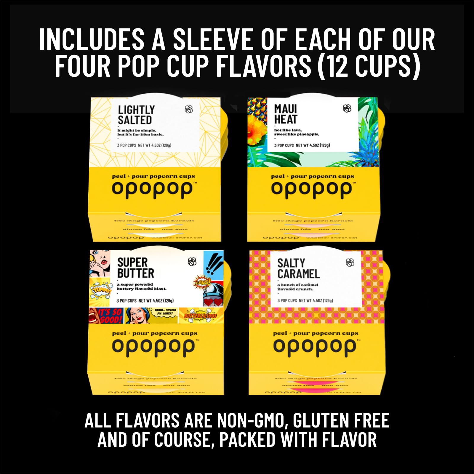 Opopop Gourmet Popcorn Gift Set - Variety 12-Pack Microwave Popcorn Kit, Collapsible Silicone Popcorn Popper, Gift Ready Packaging, Gluten Free Snacks Variety Pack, BPA-Free and Dishwasher Safe