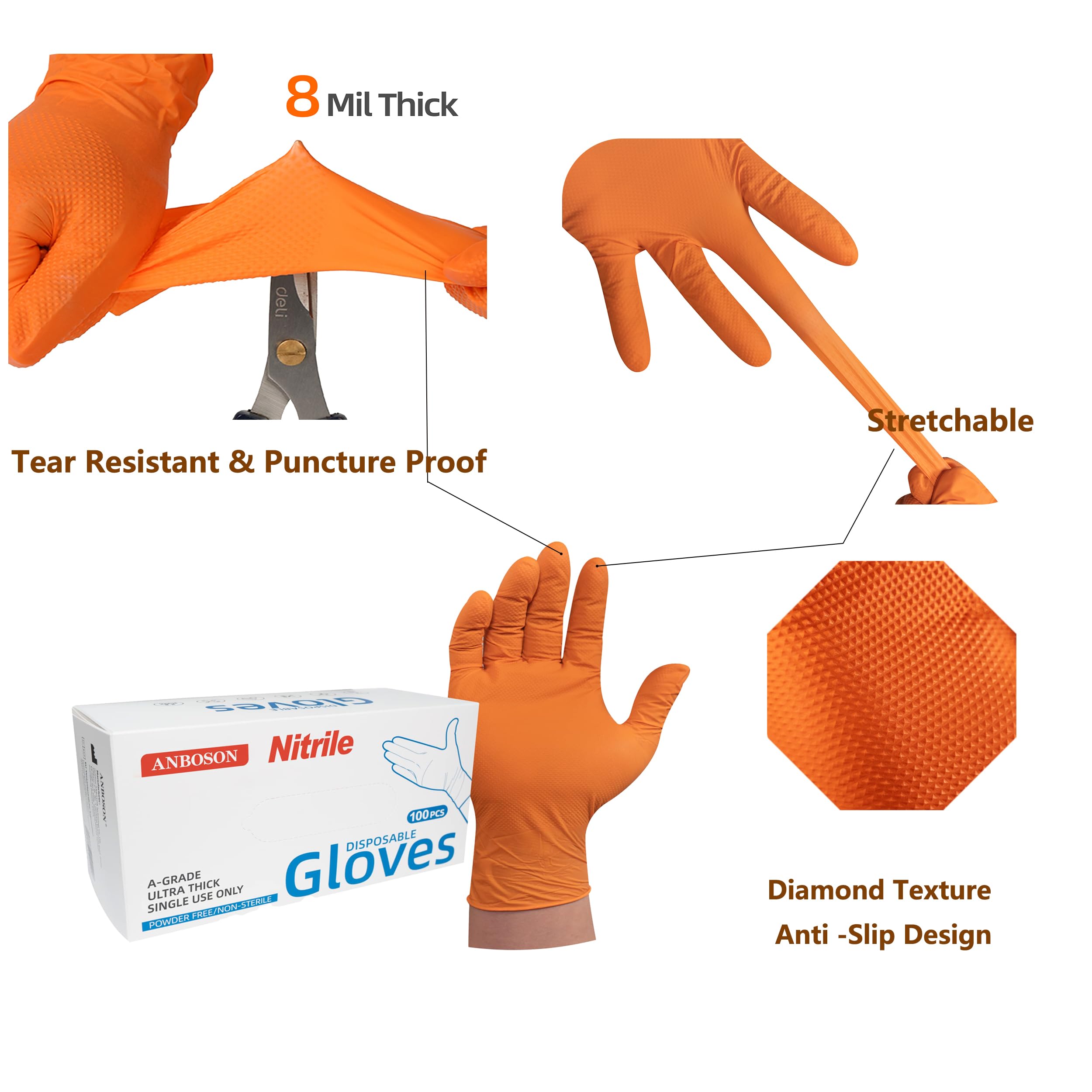 ANBOSON Rubber-Disposable 9mil Mechanix Nitrile-Gloves Heavy-Duty - Chemical-Resistant Diamond Texture, Mechanics, Automotive(Orange of 100,Small)