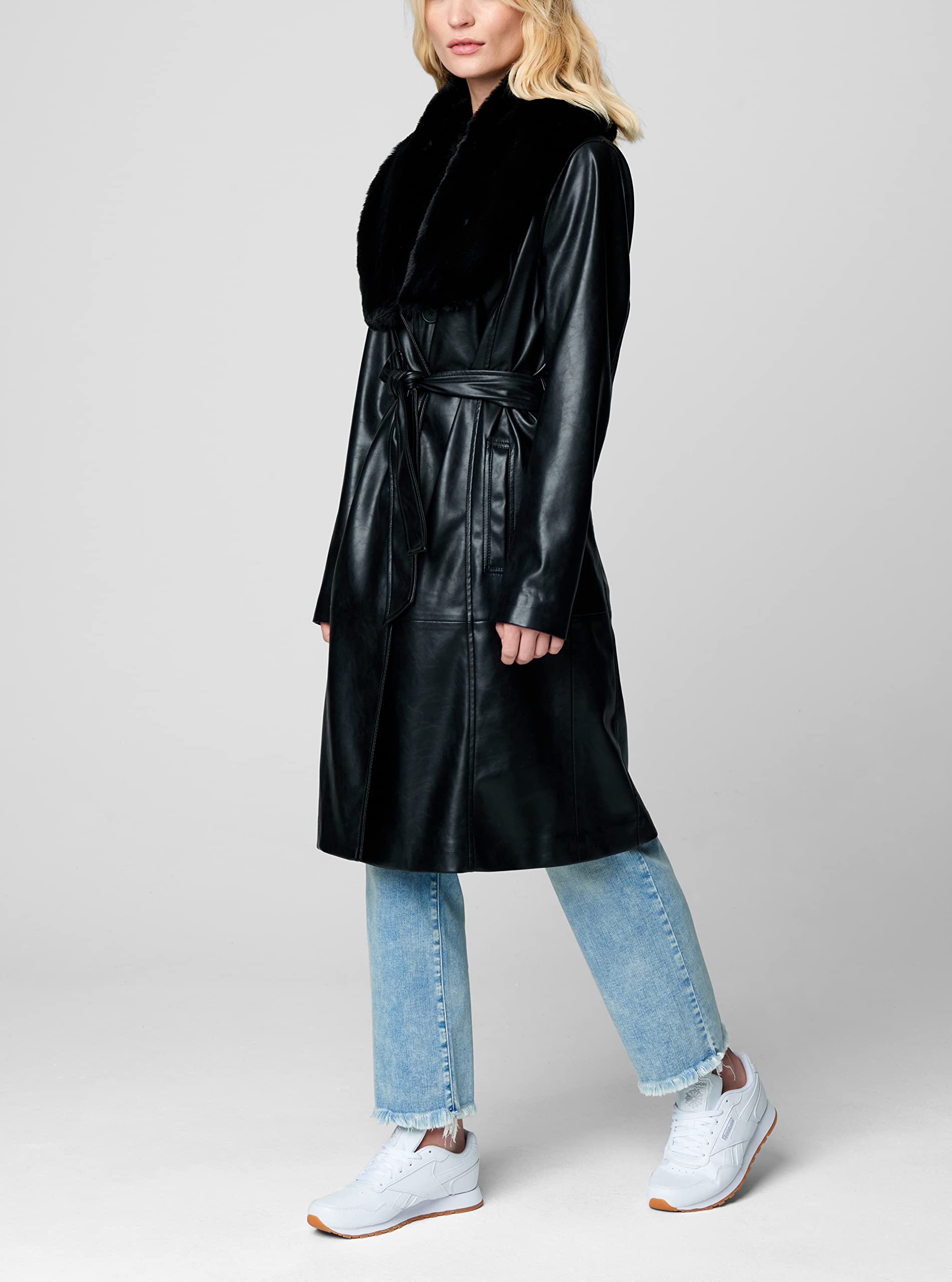 [BLANKNYC] Womens Coat, & Luxury Clothing Vegan Leather Faux Fur Trench Coat Comfortable Stylish Jacket, In the Moment, Medium-Large US