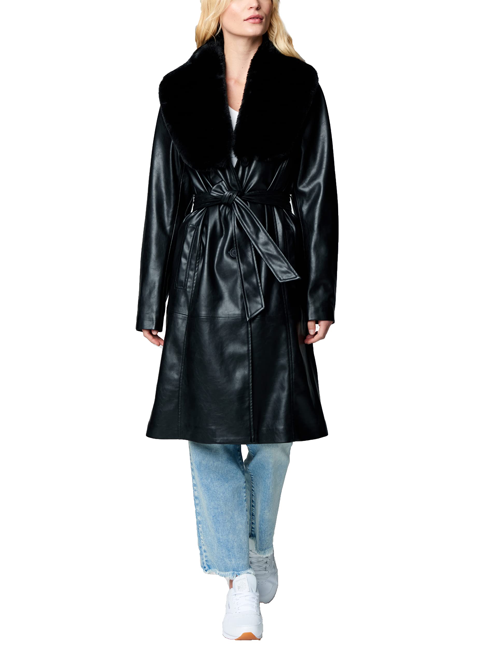 [BLANKNYC] Womens Coat, & Luxury Clothing Vegan Leather Faux Fur Trench Coat Comfortable Stylish Jacket, In the Moment, Medium-Large US