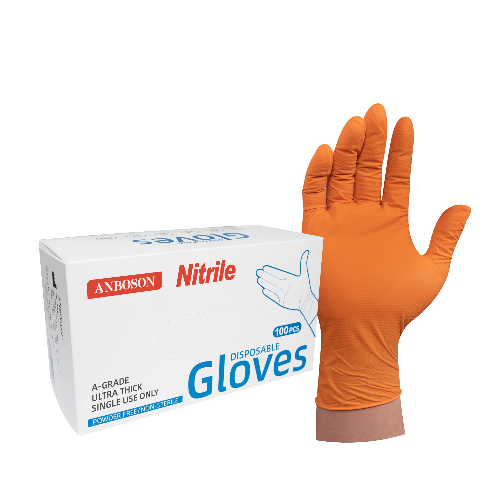 ANBOSON Rubber-Disposable 9mil Mechanix Nitrile-Gloves Heavy-Duty - Chemical-Resistant Diamond Texture, Mechanics, Automotive(Orange of 100,Small)