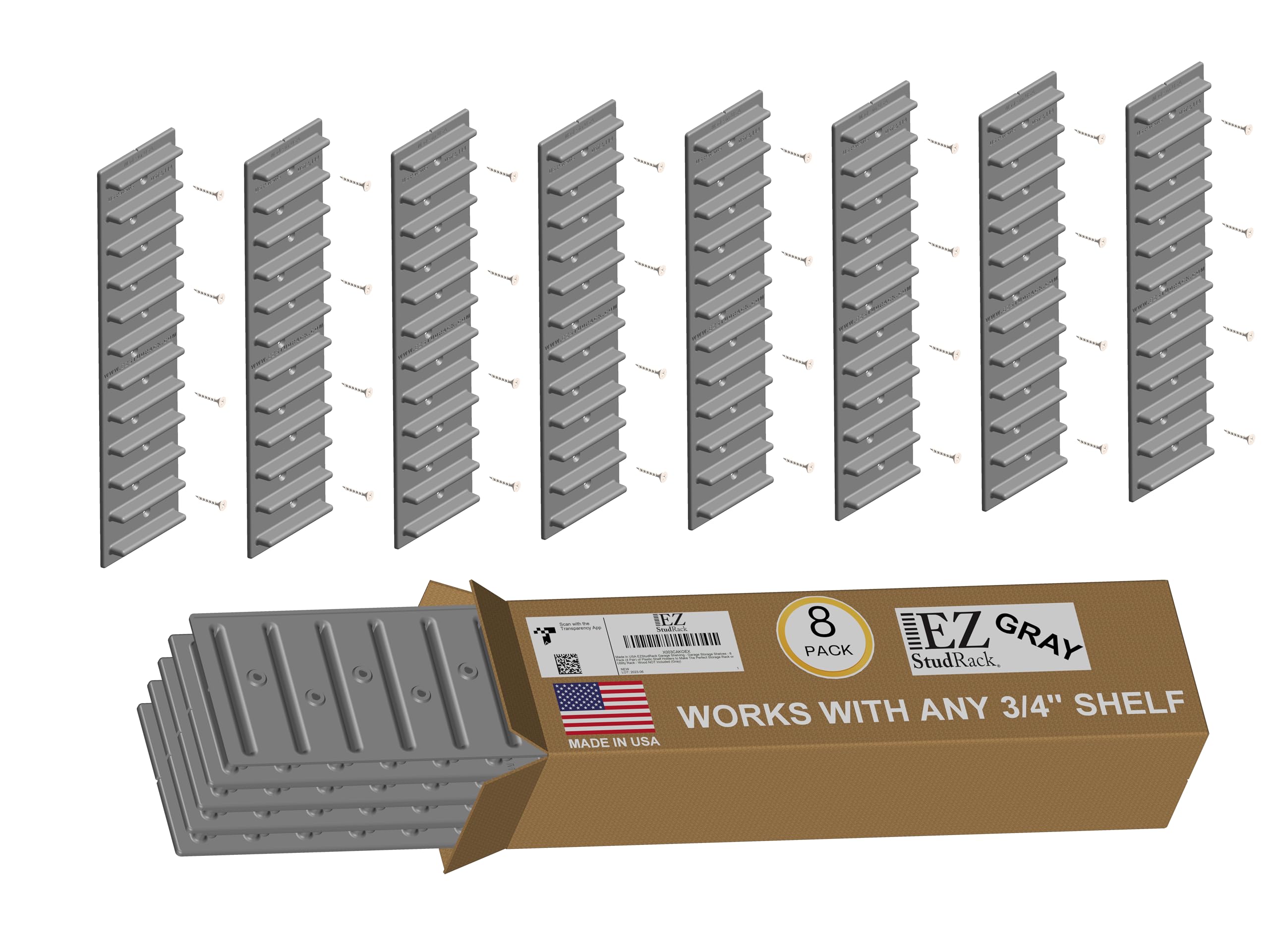 Made in USA | EZStudRack Adjustable Between Stud Shelf Bracket | Shelf Brackets for Wall Mounted Shelf | Shelving Brackets for Home | Garage Shelf Brackets- Wood Not Included- 8 Pack (4 Pair) Gray