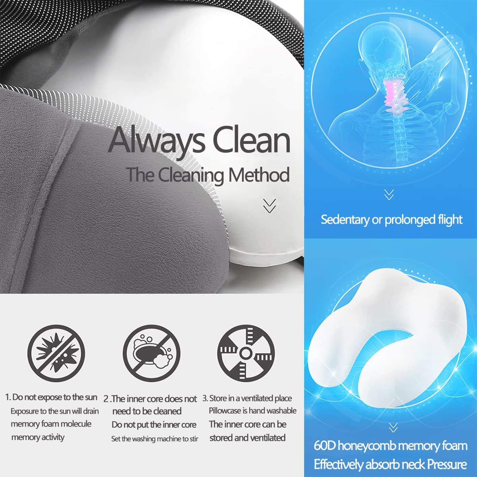 YIRFEIKRER Travel Pillow, Best Memory Foam Neck Pillow and Head Support Soft Pillow with Side Storage Bags, for Sleep Rest, Airplane, Car, Family and Travel Use (Dark Grey)