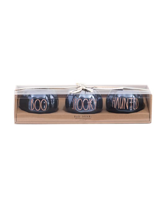 Rae Dunn Set of 3 Halloween Tea Light Holders (Tea Lights, Boo/Spooky/Haunted/Black Luster Finish)