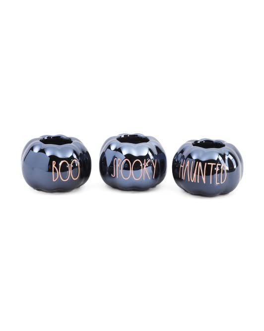 Rae Dunn Set of 3 Halloween Tea Light Holders (Tea Lights, Boo/Spooky/Haunted/Black Luster Finish)
